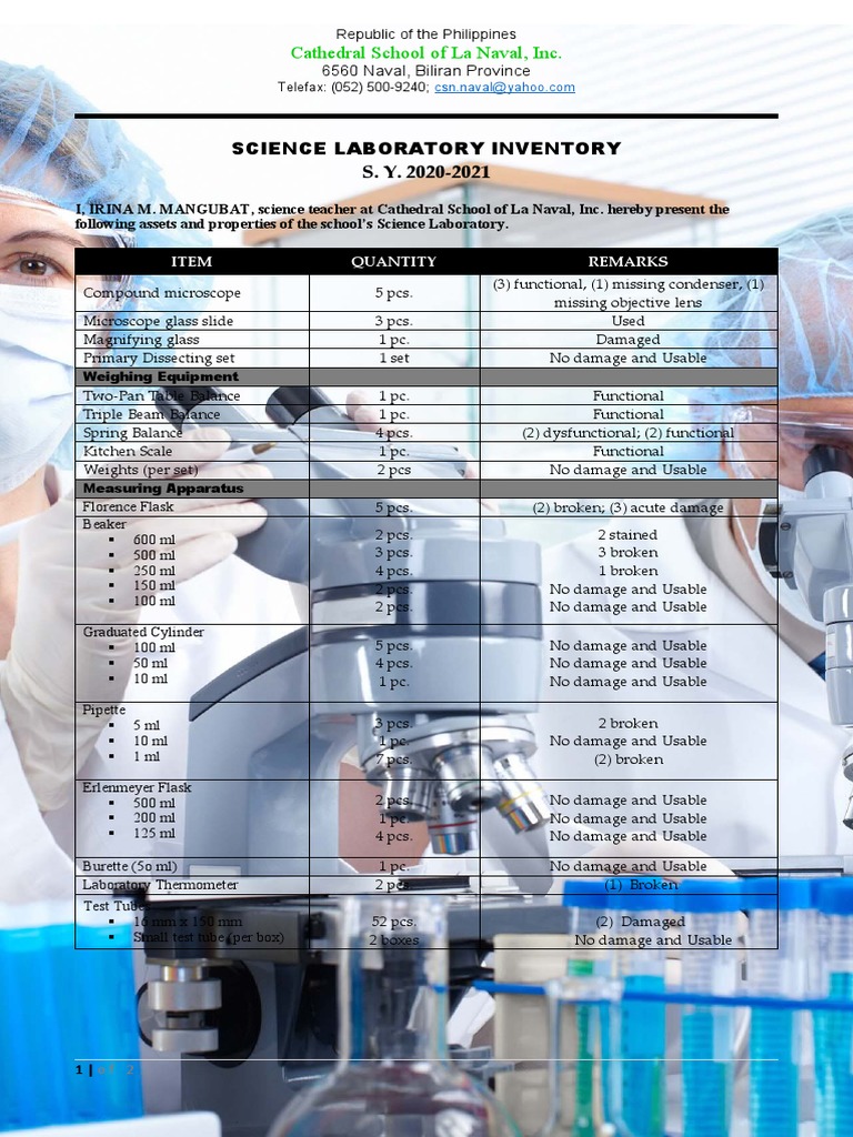 Science Lab Inventory | Download Free PDF | Glass Applications | Equipment