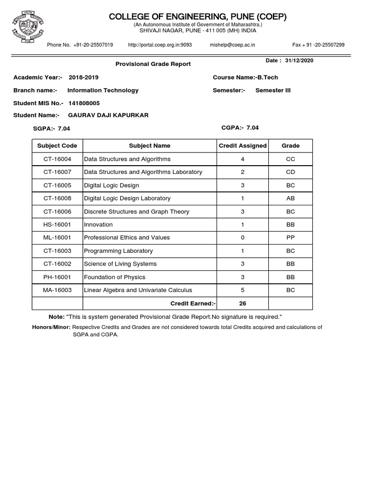COEP Grade Reports Detail Student's Academic Performance | PDF ...