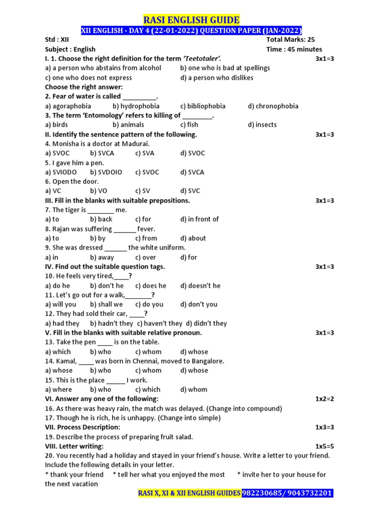 Rasi Day 4 Xii English | PDF | Linguistics | Grammar