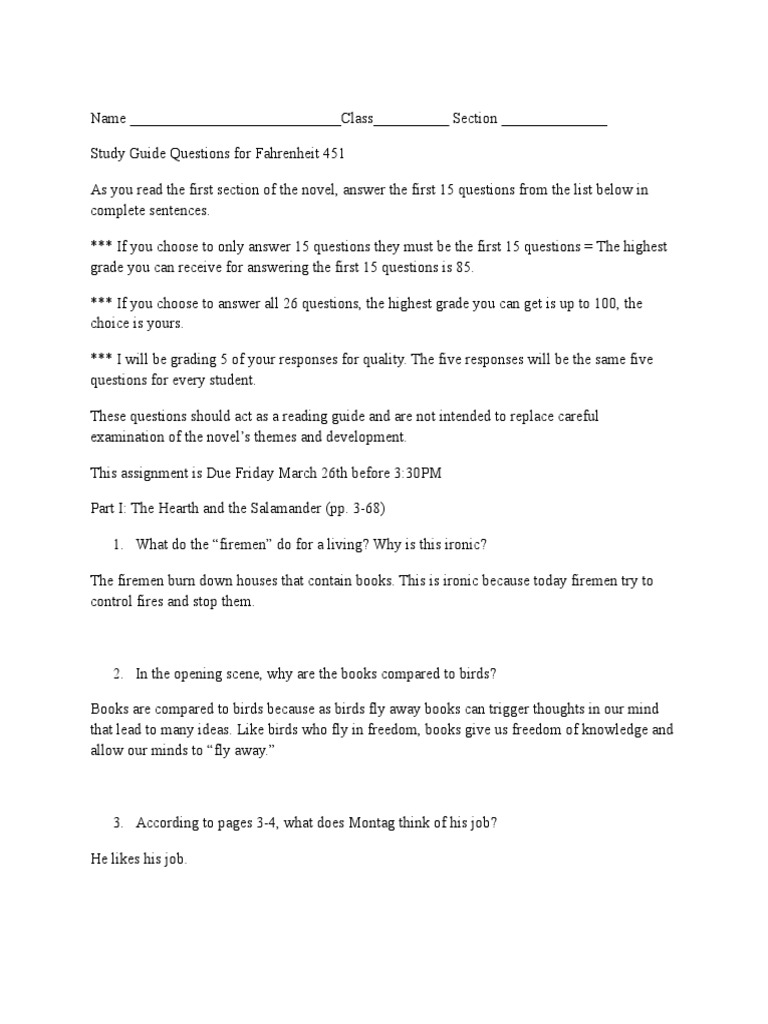 Fahrenheit 451 Study Guide Questions | PDF | History | Mystery ...