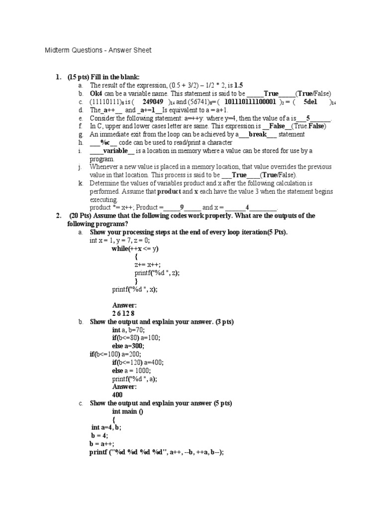 Midterm Questions - Answer Sheet | PDF | Control Flow | Software Development