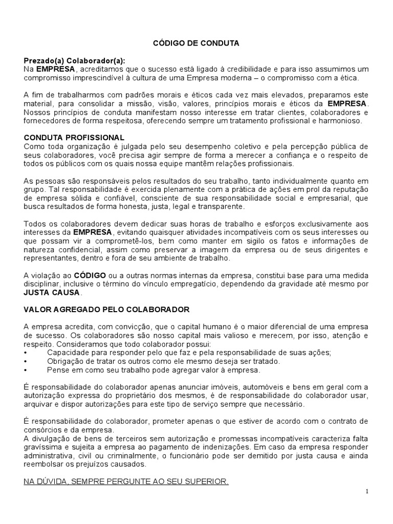 Código de conduta estabelece padrões éticos e de comportamento para os ...