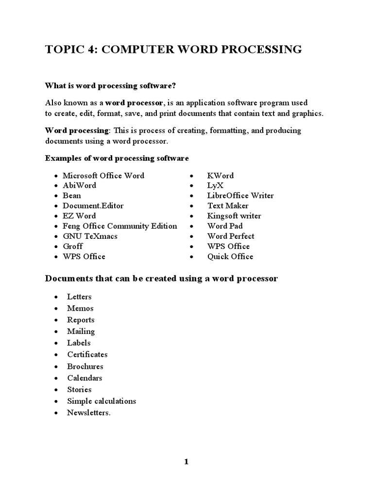 Topic 4 Computer Word Processing Pdf Word Processor Software
