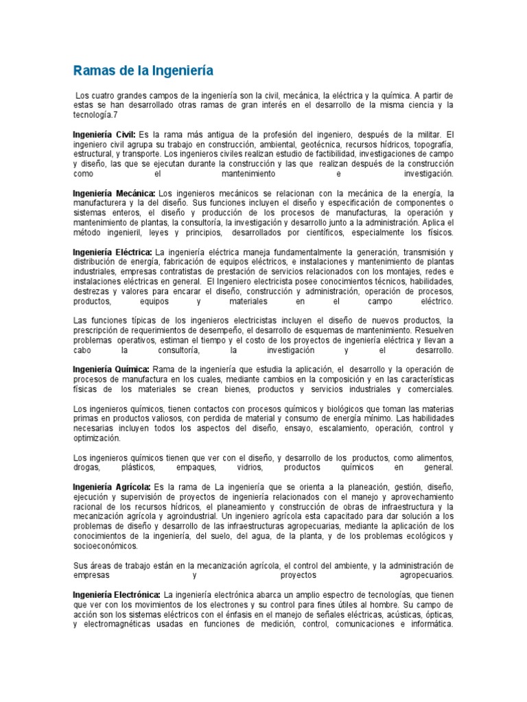 Las diversas ramas de la ingeniería y sus áreas de aplicación | PDF ...