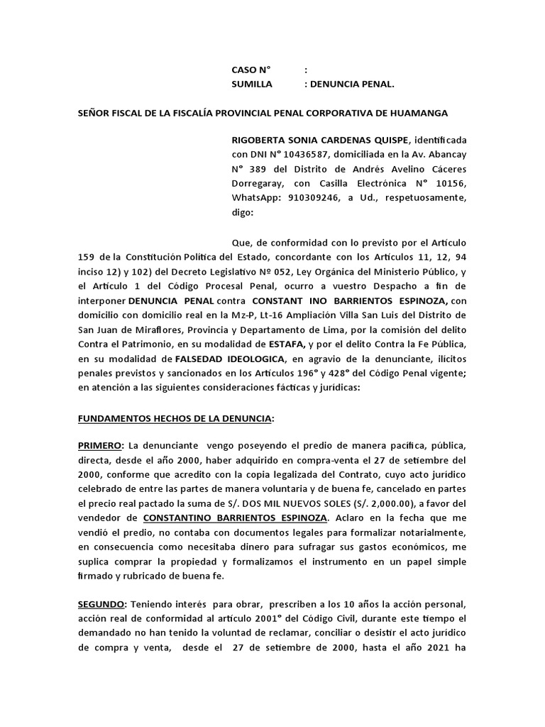 Denuncia Penal Por Estafa | PDF | Trucos de confianza | Conceptos legales