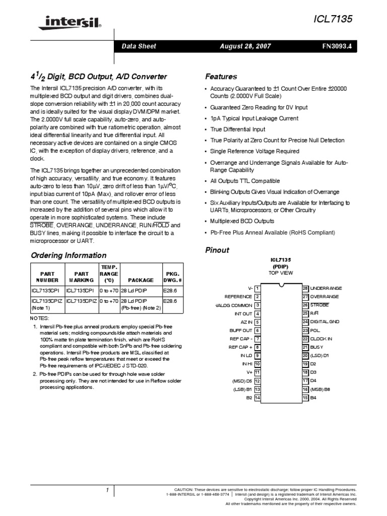 4 / Digit, BCD Output, A/D Converter Features: Data Sheet August 28 ...