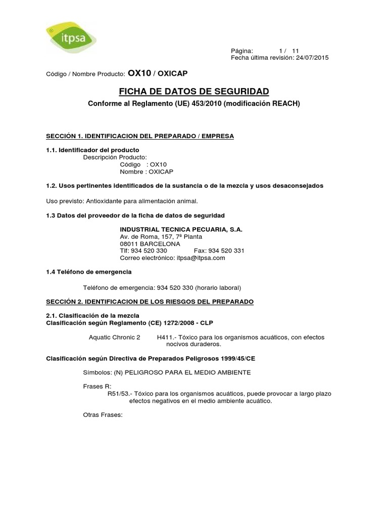 Msds-Oxicap - Itpsa | PDF | Agua | Solubilidad