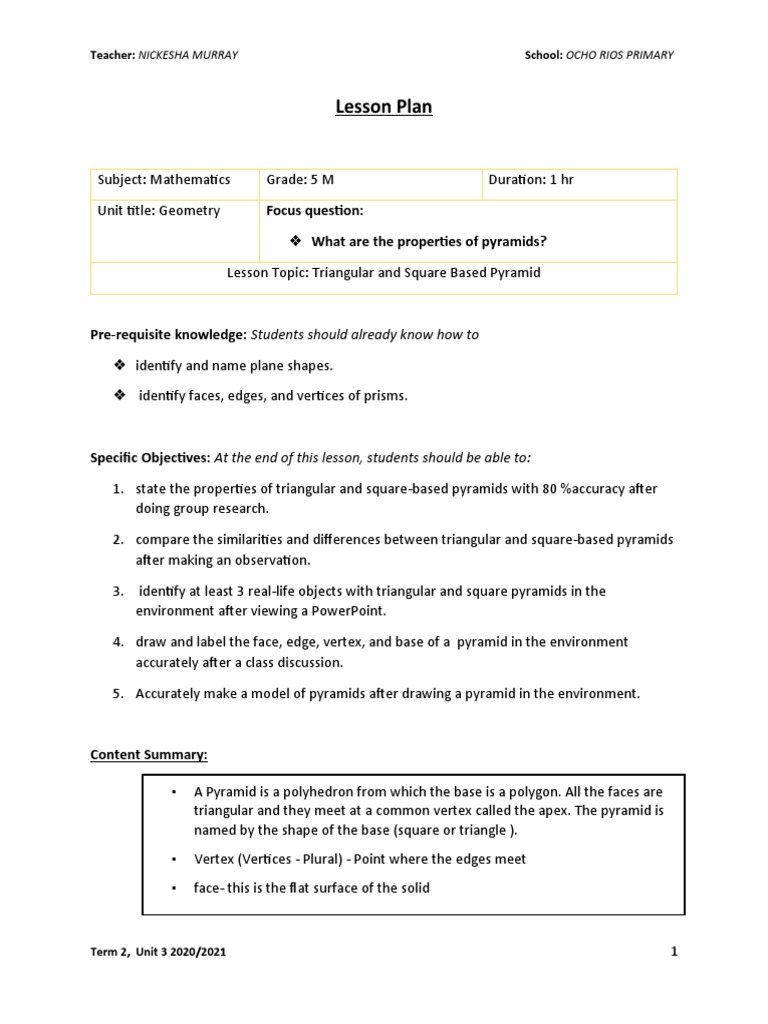 Lesson Plan: Focus Question: What Are The Properties of Pyramids? | PDF ...