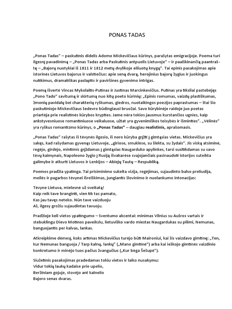 Adomas Mickevic Ius - Ponas Tadas Analize | PDF