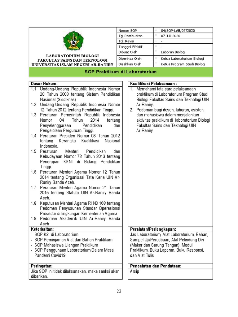 SOP Praktikum Di Laboratorium | PDF