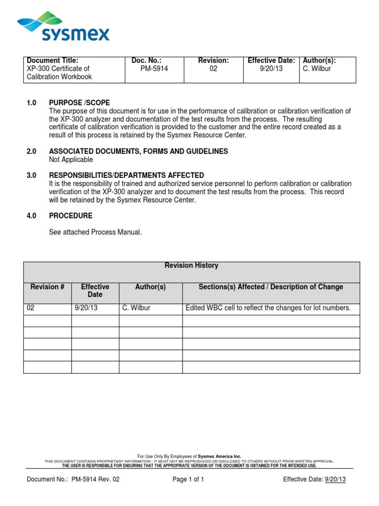 PM-5914 Rev. 02 XP-300 Certificate of Calibration Workbook Cover (2020 ...