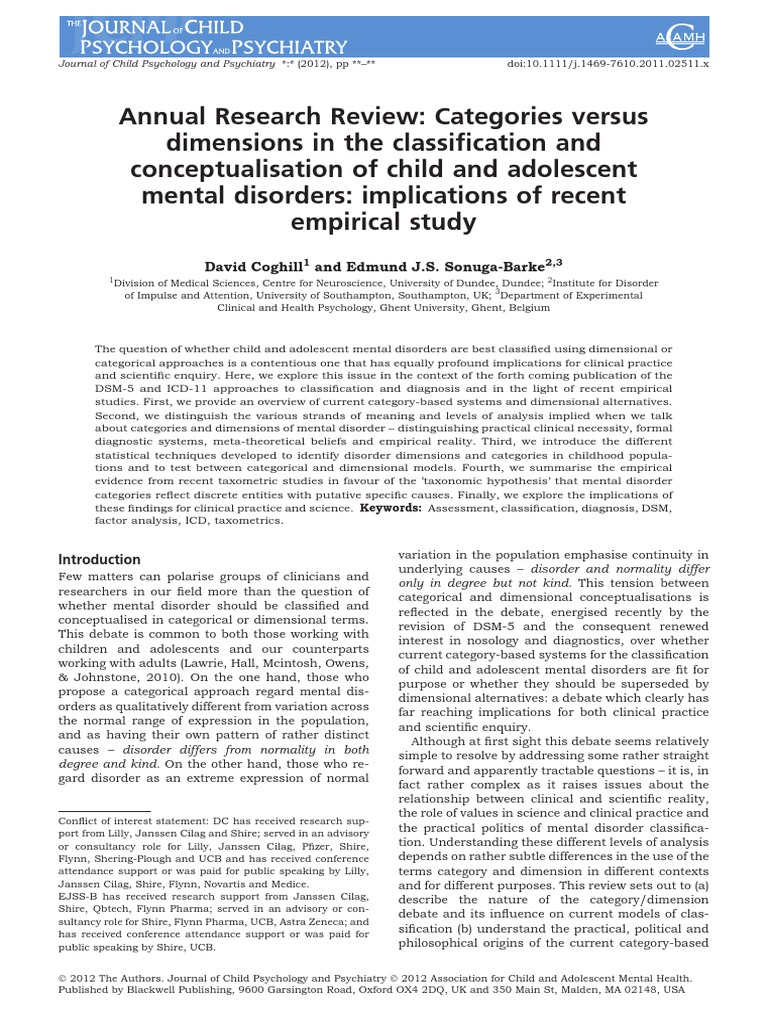 Coghill Sonuga Barke 2012. Category Vs Dimension in Psychopathology ...