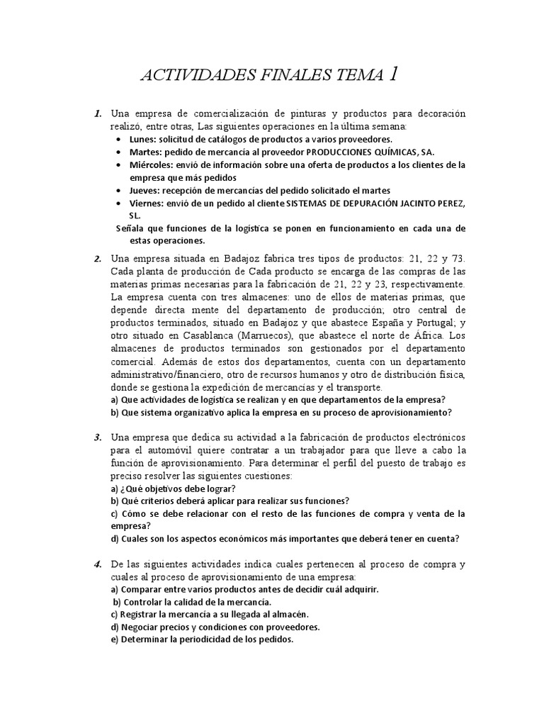 Actividades Finales Tema 1 | PDF | Logística | Obtención