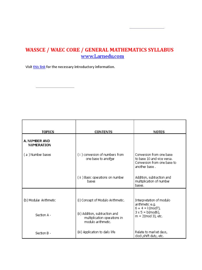 WASSCE WAEC Core General Mathematics-Syllabus | PDF | Circle | Triangle