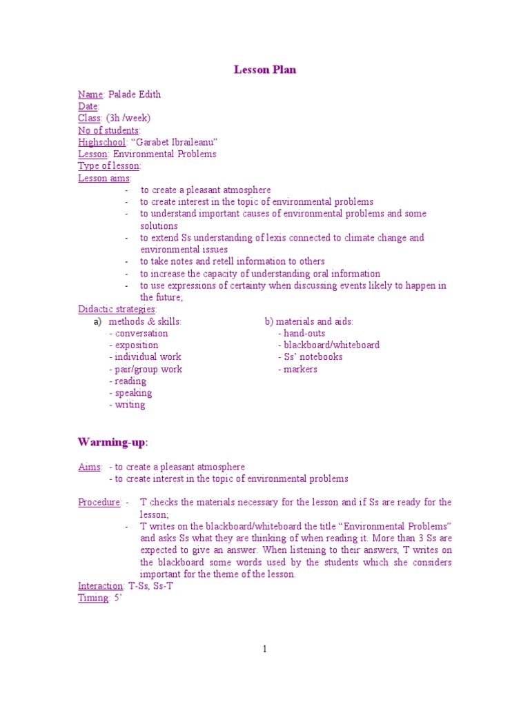 Environmental Problems Lesson Plan | PDF | Question | Lesson Plan
