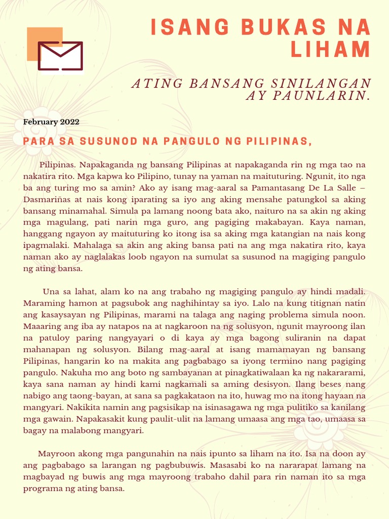 Bukas Na Liham para Sa Susunod Na Pangulo NG Pilipinas Ni Jalane Paqueros | PDF