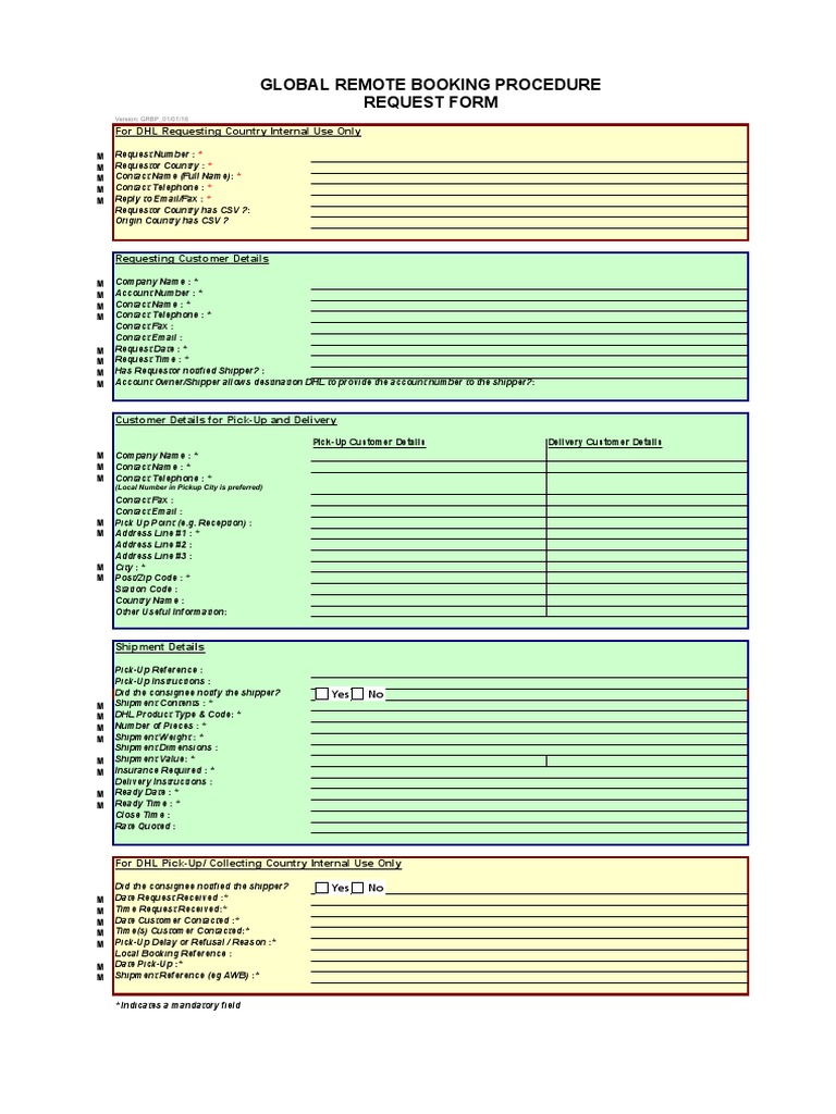 Global Remote Booking Procedure Request Form: For DHL Requesting ...