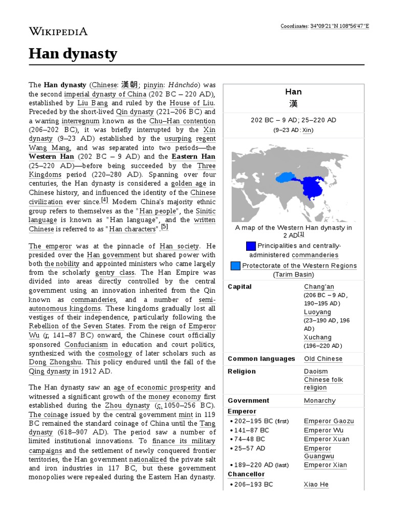 Han Dynasty: Western Han (202 BC - 9 AD) and The Eastern Han | PDF ...