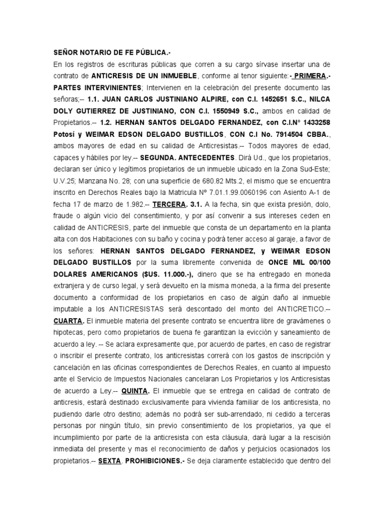 Modelo de Anticretico | PDF | Derecho privado | Consentimiento