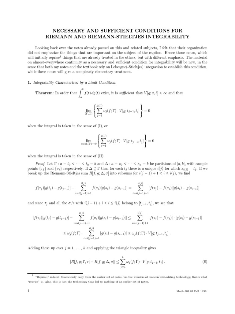 Necessary and Sufficient Conditions For Riemann and Riemann-Stieltjes Integrability | PDF ...