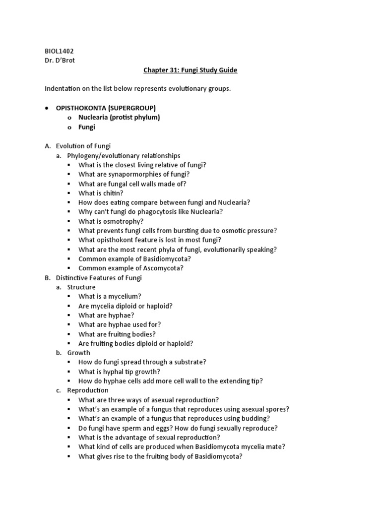 BIOL1402 Fungi Study Guide | PDF | Fungus | Biology