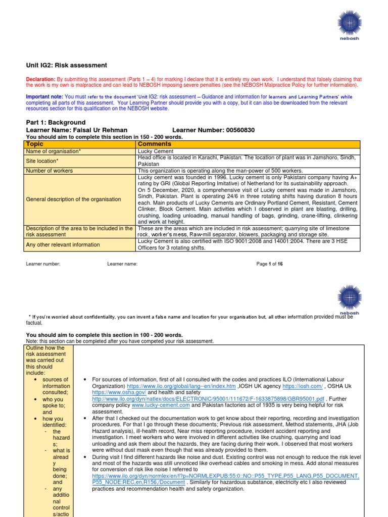 Unit IG2: Risk Assessment: Declaration: by Submitting This Assessment ...