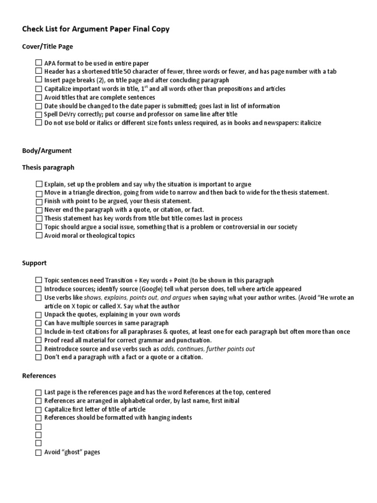 Check List For Argument Paper Final | PDF