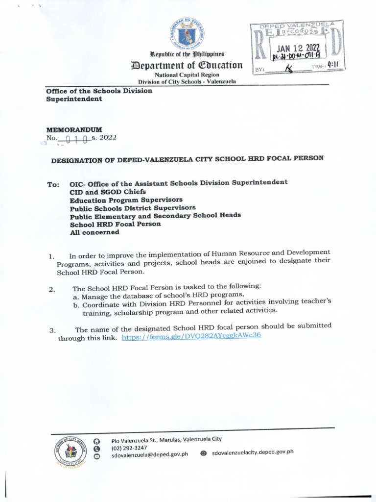 Designation of Deped-Valenzuela City School HRD Focal Person | PDF