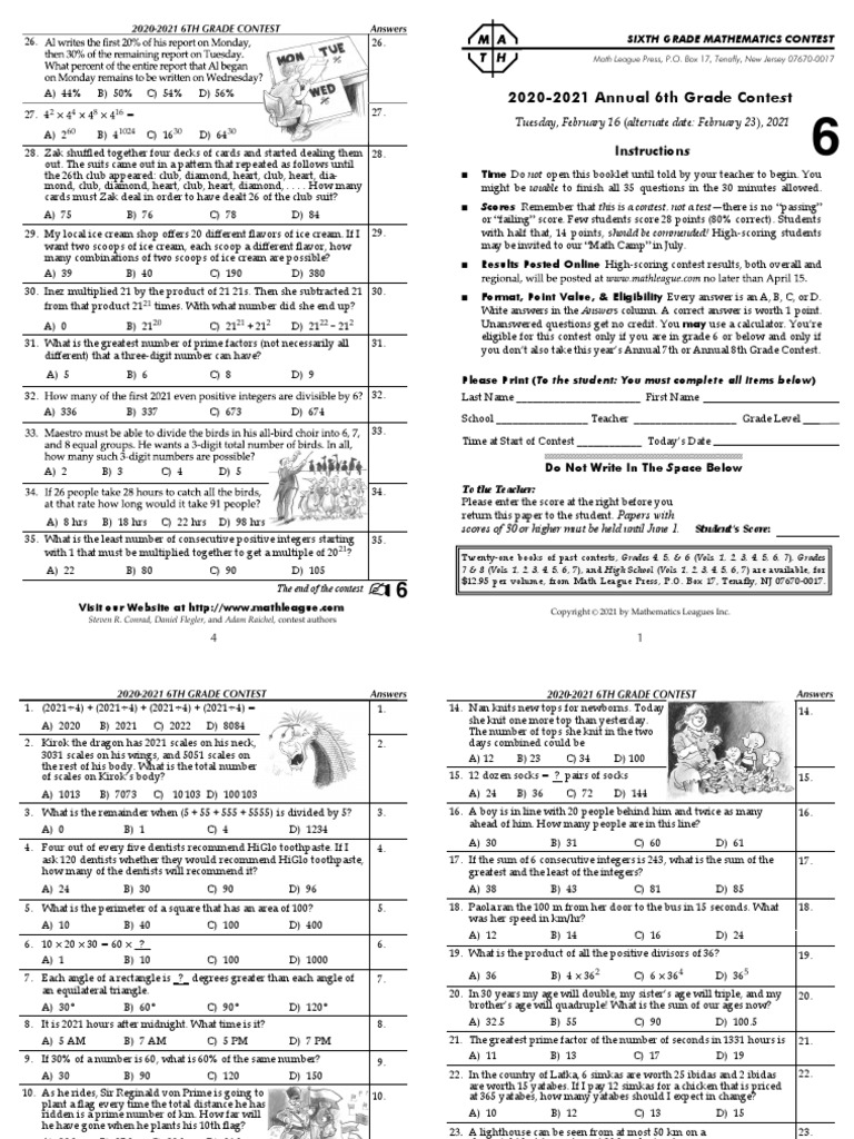 2020-2021 Annual 6th Grade Contest: Instructions | PDF | Area | Arithmetic