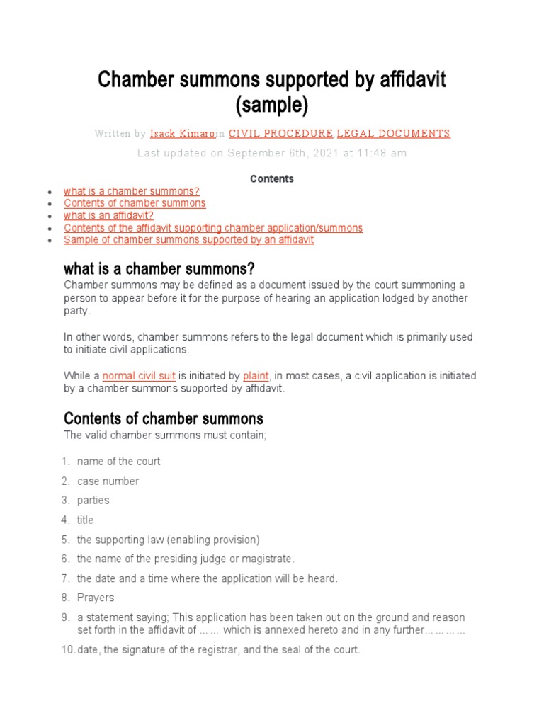 Chamber Summons and Affidavit Guide | PDF | Affidavit | Summons