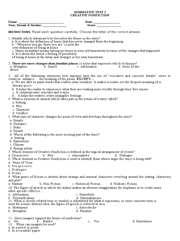 Summative-Test-In Creative Nonfiction | PDF | Narrative | Fantasy