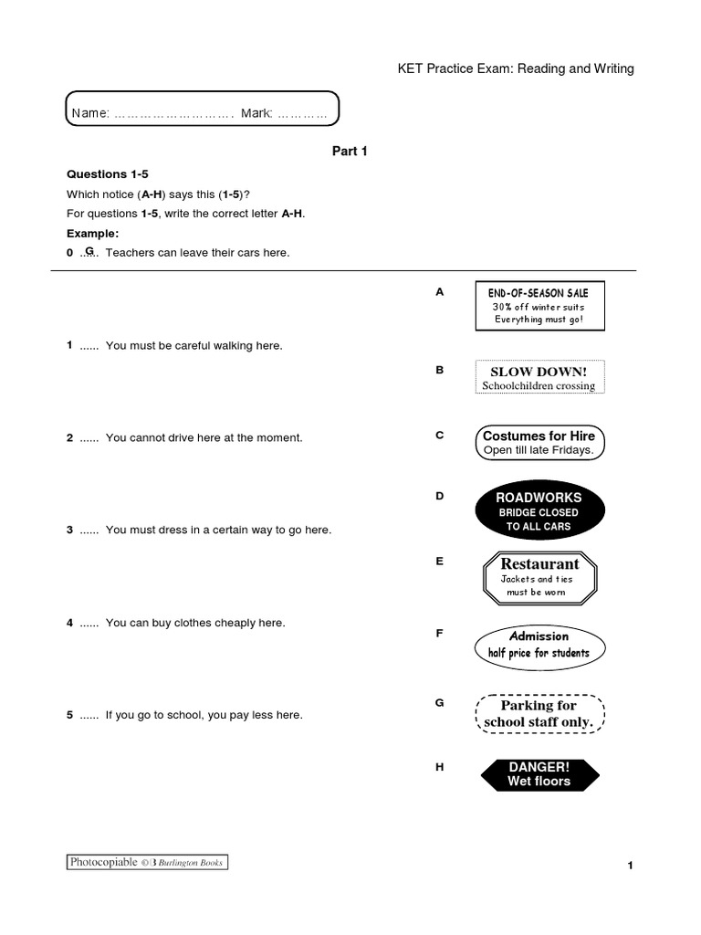 KET Practice Exam: Reading and Writing: Questions 1-5 | PDF | Ice Cream ...