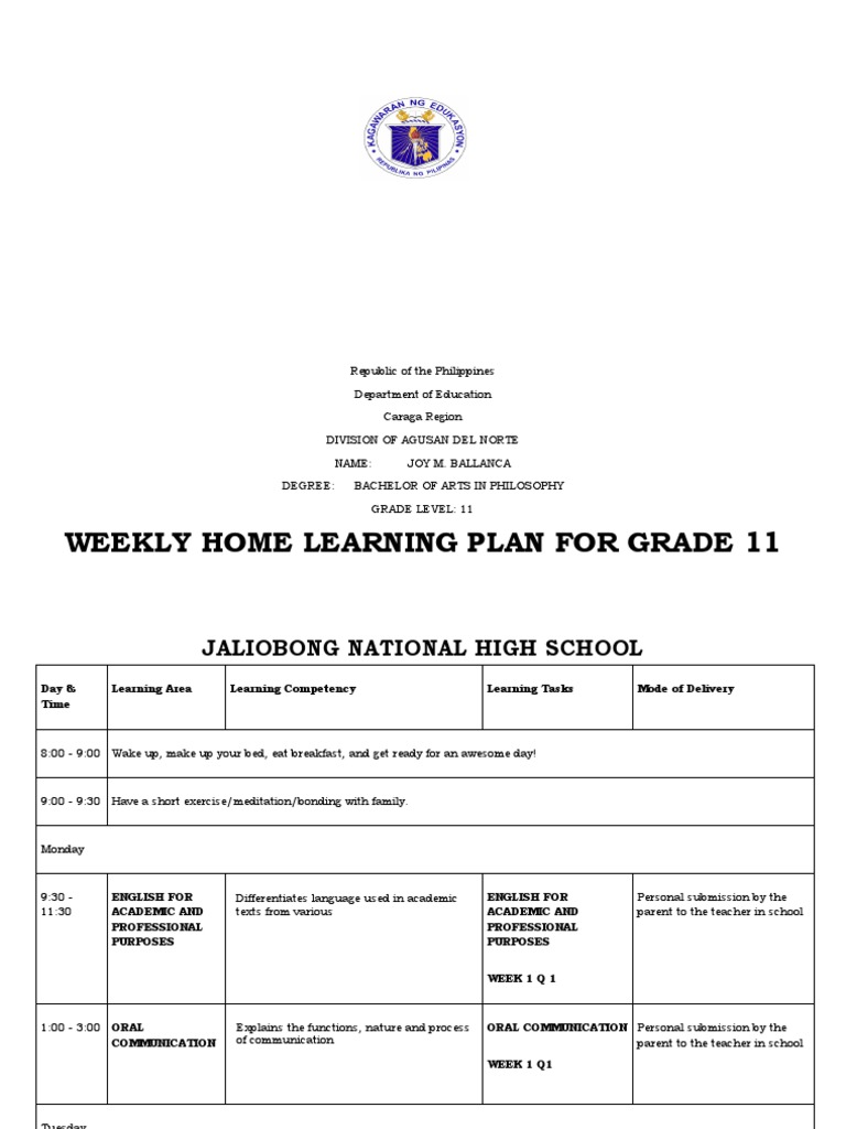 Weekly Home Learning Plan Q1 Week 1 Jaliobong | PDF | Learning ...
