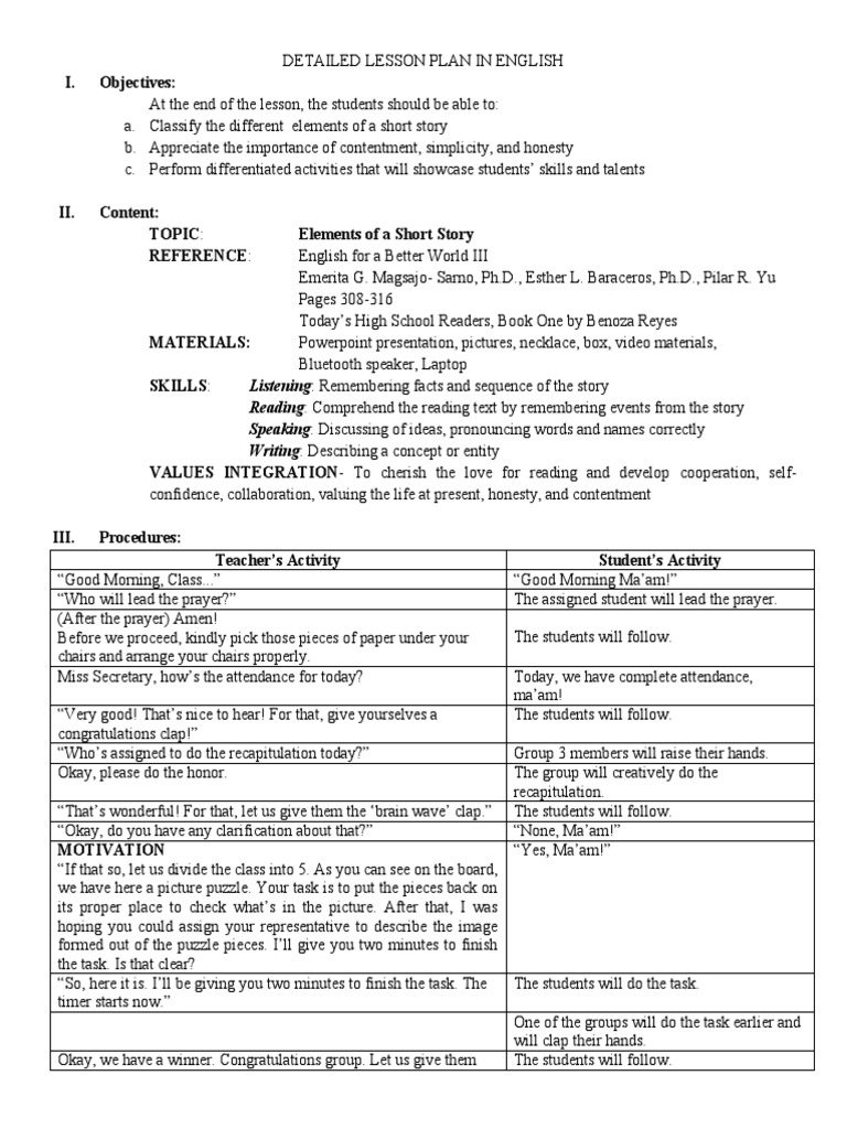 Detailed Lesson Plan in English Elements of A Short Story | PDF | Plot ...