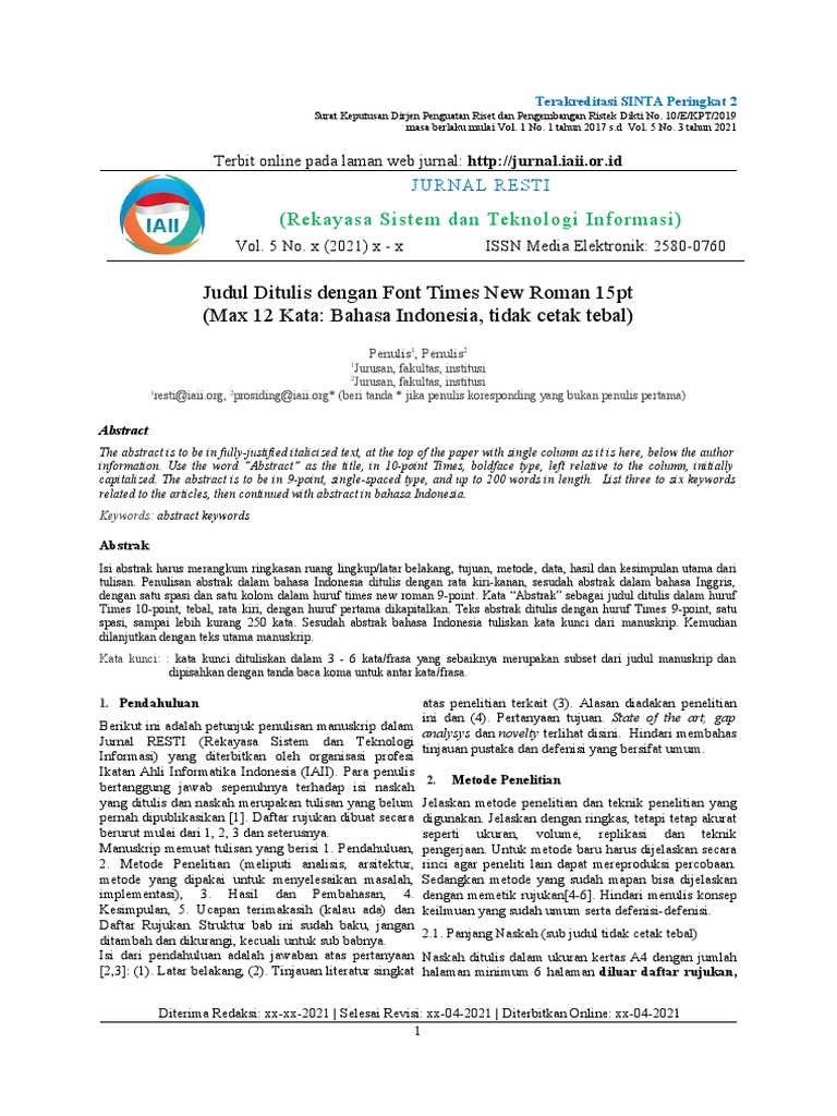 Panduan Penulisan Jurnal RESTI | PDF