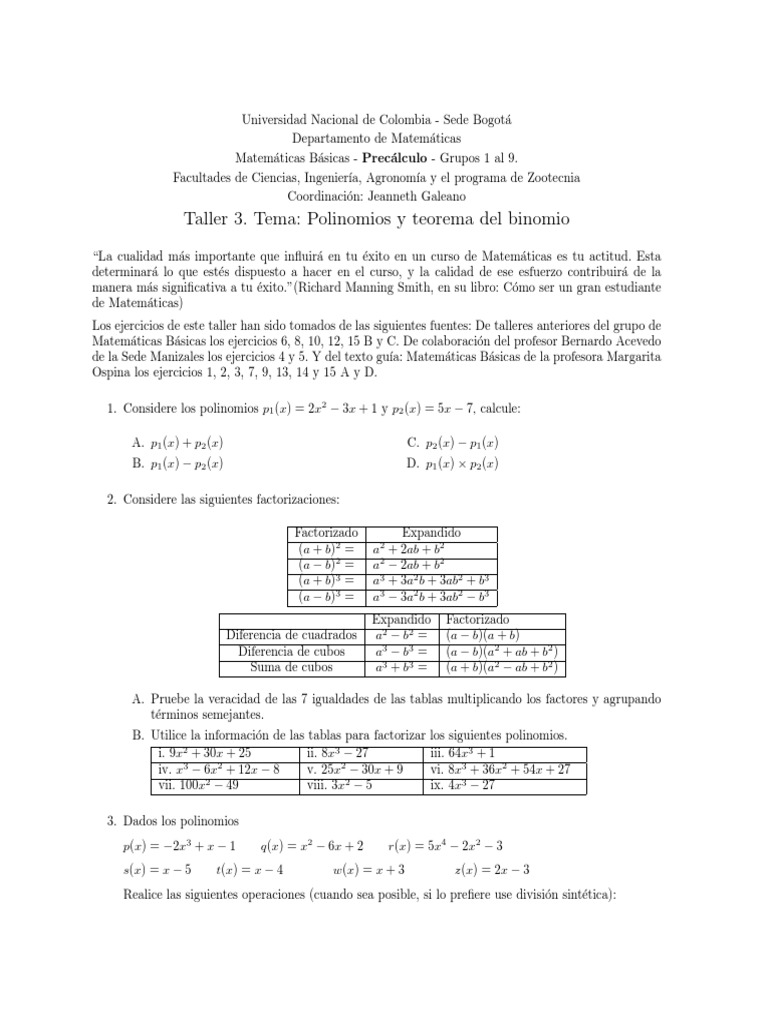 Taller 3 Precalculo | PDF | Combinatoria | Factorización
