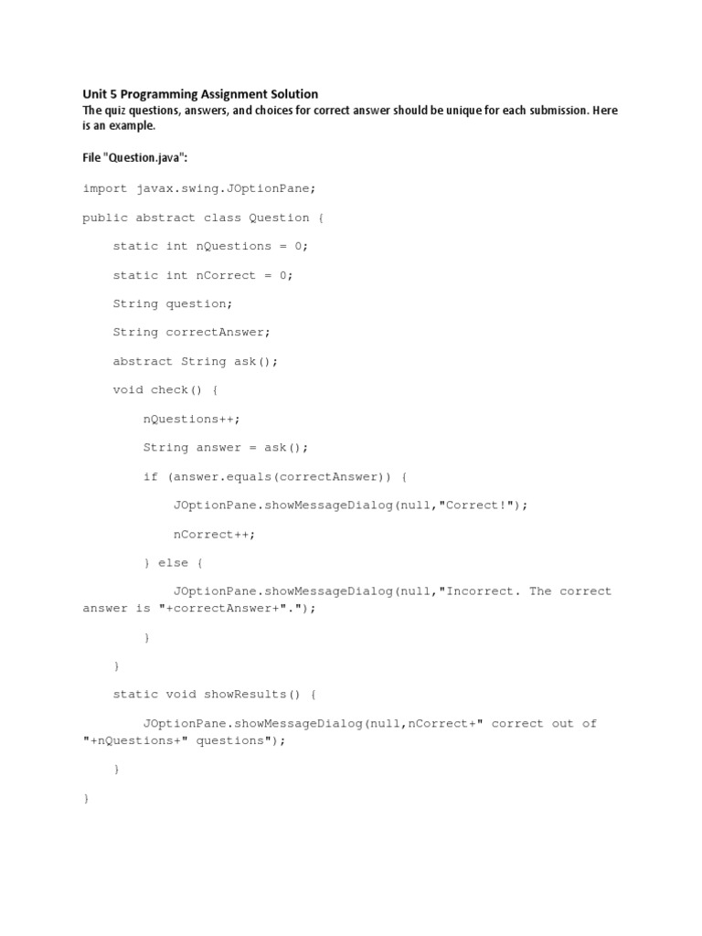 Unit 5 Programming Assignment Solution Pdf Quiz Software Development