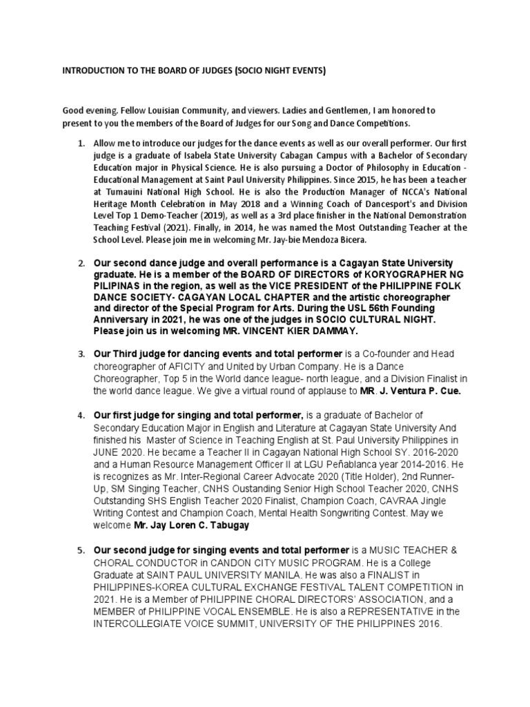 Introduction of Board of Judges-Danica | PDF | Singing | Choir