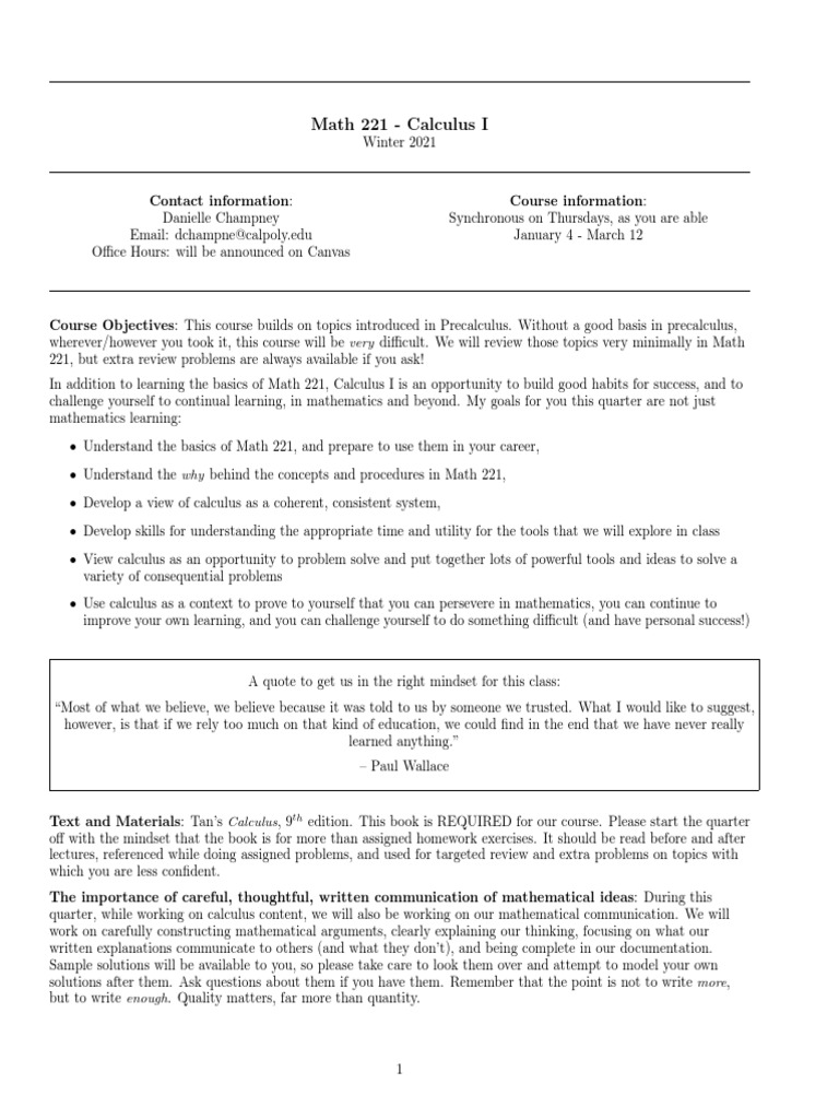 Math 221 - Calculus I | PDF | Mathematics | Learning