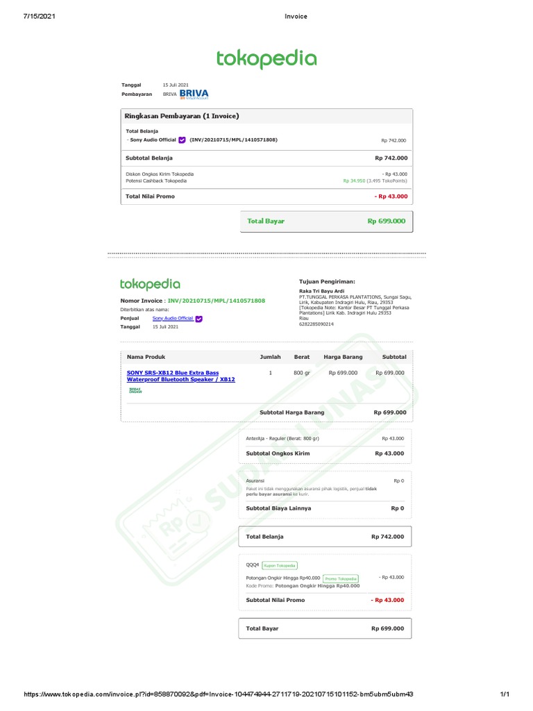 Kode Promo dan Invoice Tokopedia | PDF