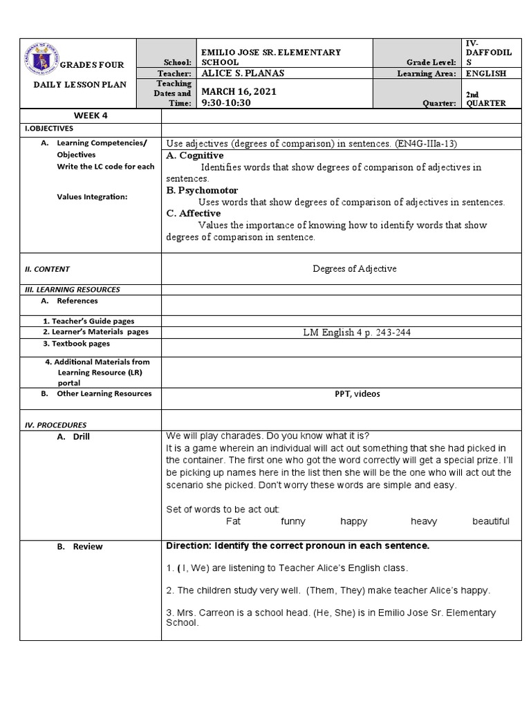 GRADE 4 COT Final LP | PDF | Adjective | Cognition