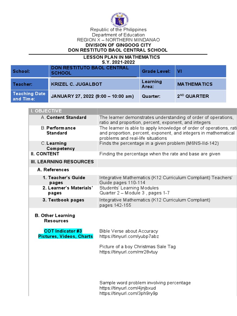 Grade 6 Math Lesson Plan: 2nd Quarter | PDF | Percentage | Teachers