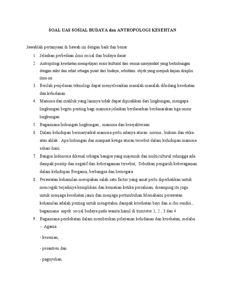 Soal Uas Isbd Dan Antropologi Kesehtan 2022 | PDF