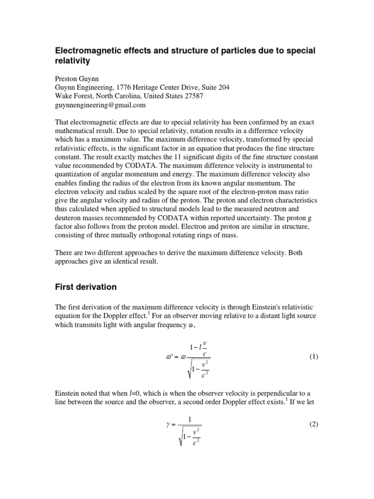 Electromagnetic Effects and Structure of Particles Due To Special ...