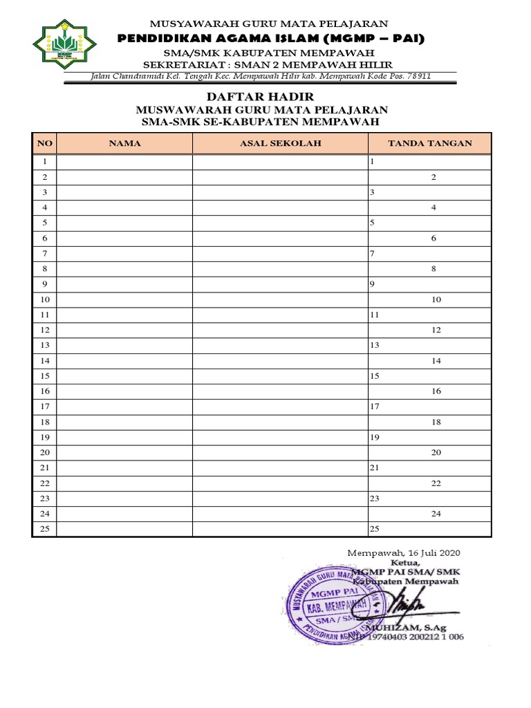 DAFTAR HADIR MGMP PAI Juli 2020 | PDF