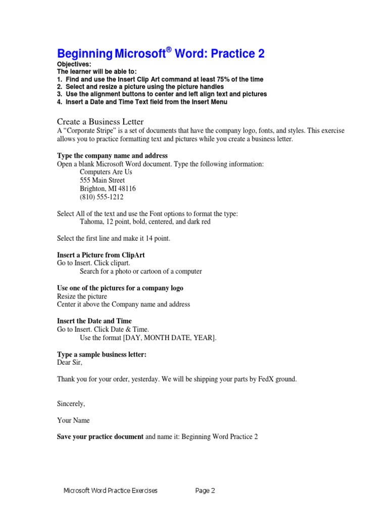 Beginning Microsoft Word: Practice 2: Create A Business Letter | PDF