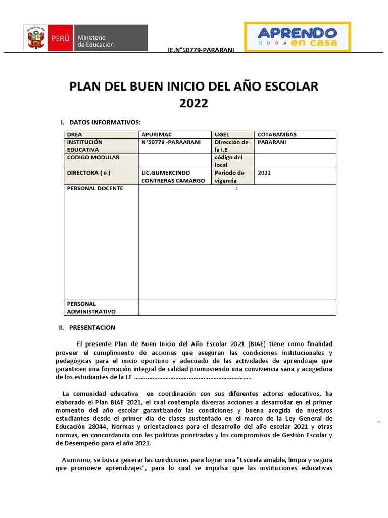 Plan-Buen Inicio Del Año Escolar | PDF | Educación primaria Plan-Buen Inicio Del Año Escolar | PDF | Educación primaria