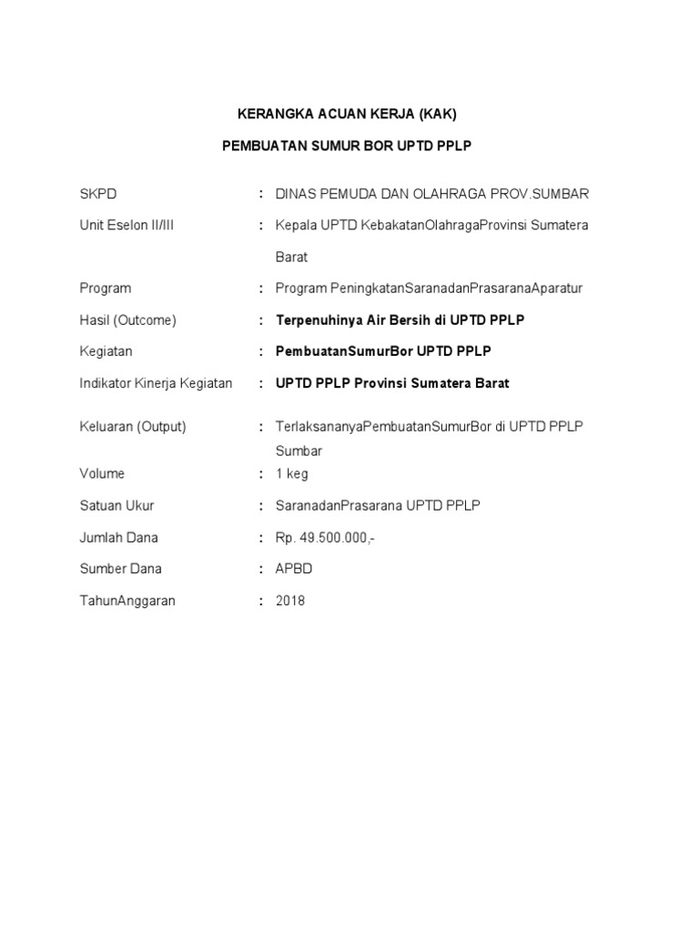 Proposal Pembuatan Sumur Bor UPTD PPLP | PDF