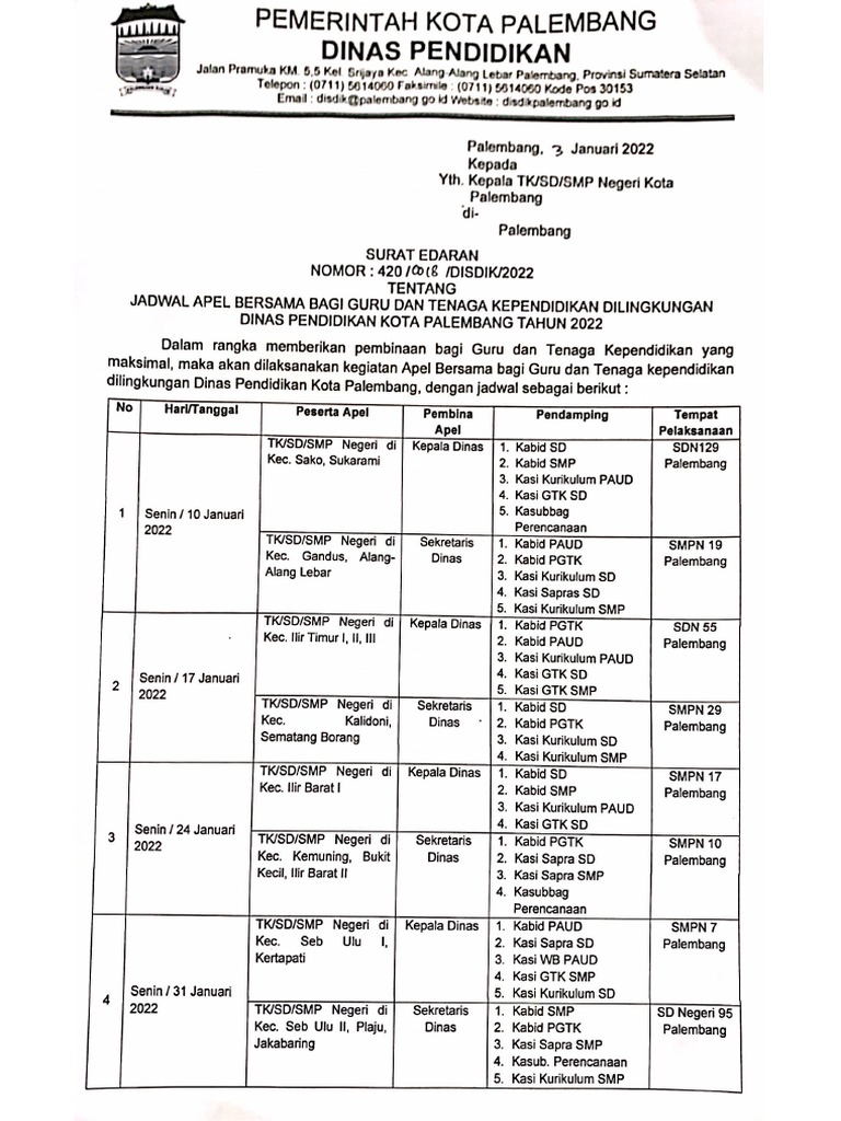 Jadwal Apel Bersama Di Lingkungan Dinas Pendidikan Kota Palembang | PDF