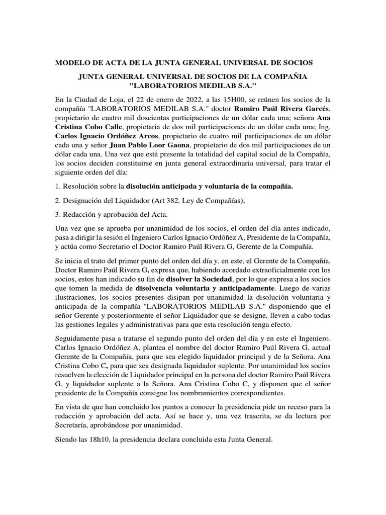 Modelo de Acta de La Junta General Universal de Socios. | PDF | Sociedad de responsabilidad limitada